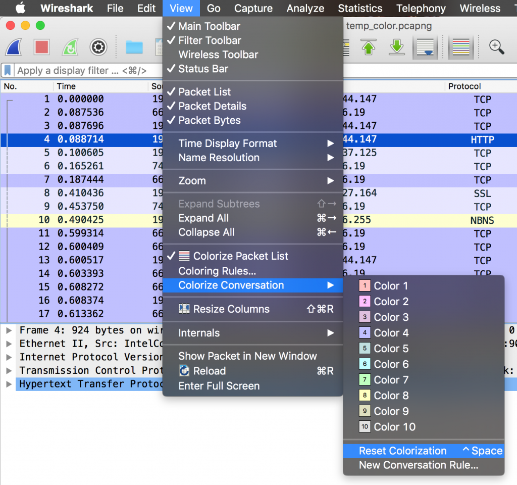 Using Wireshark Temporary Colors to easily see a Conversation ...